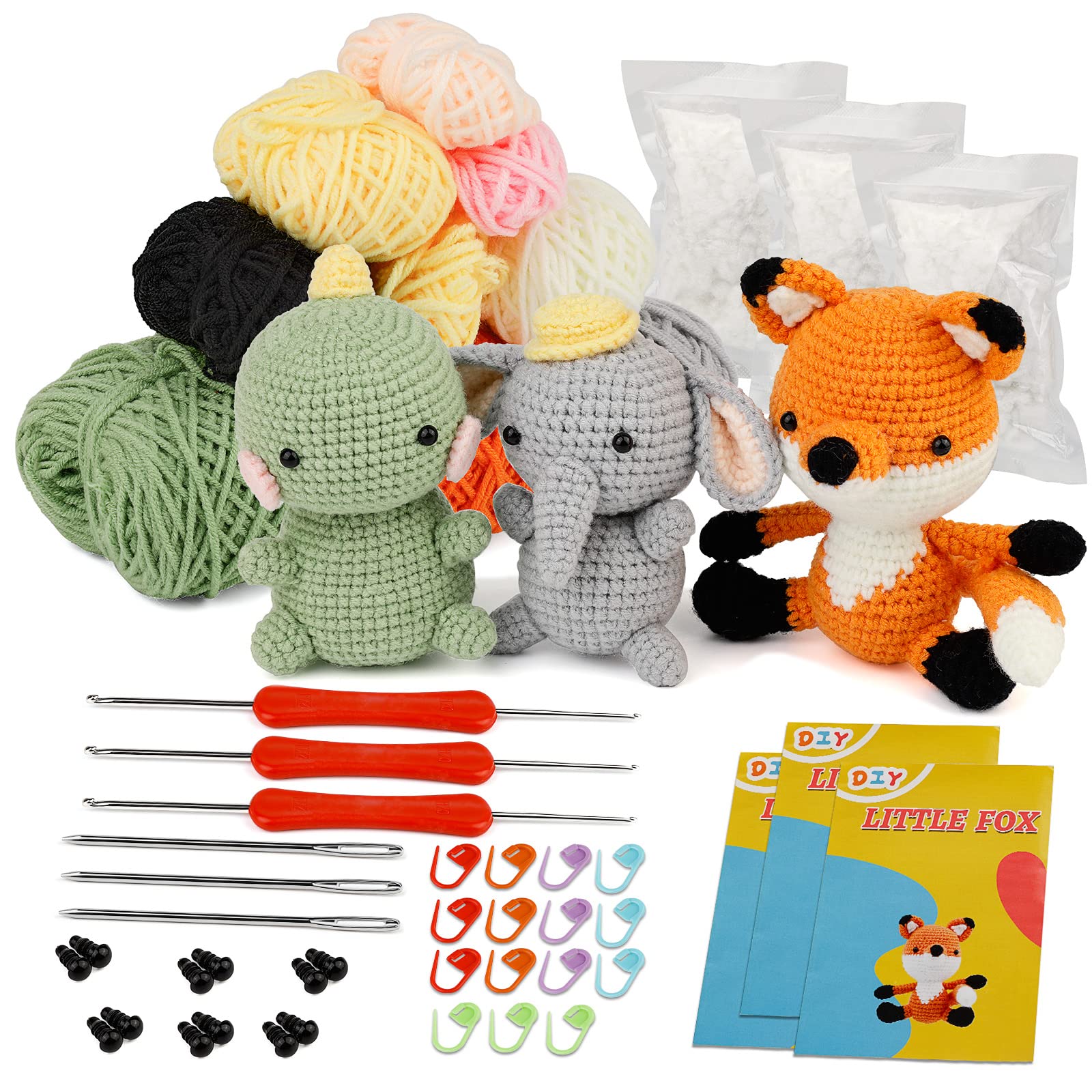 3 Pcs DIY Crochet Animal Kits for Beginners, Fox & Elephant & Dinosaur ...